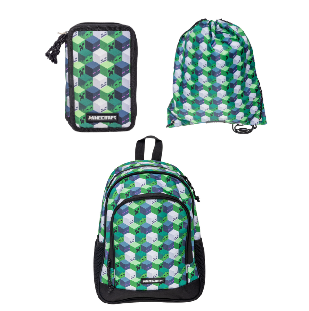 Minecraft – Gymnastikpose + Medium Rygsæk + Fyldt Penalhus (Sæt) – Geekd